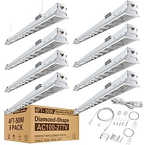 Lightdot 4FT LED High Bay Shop Light, 100-277V【Driver Equipped, 5 Years】 50W 7000LM [Eqv. 280W MH/HPS] 5000K 4' LED Shop Lights for Workshop Garage White-8Pack