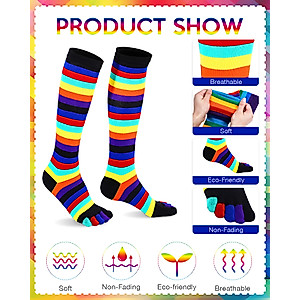 Zhanmai Rainbow Thigh High 5 Toe Socks, 4 Pairs, Cotton, Breathable, Women's, One Size, Striped, Leg Warmers, Fun, Party, Casual