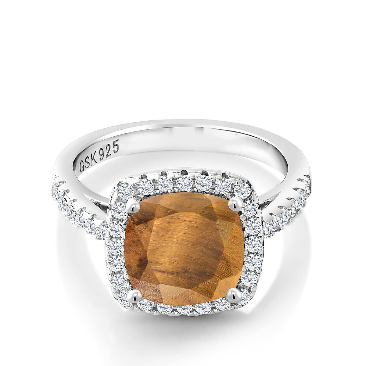Gem Stone King 2.50 Ct Cushion Brown Tiger Eye White Created Sapphire 925 Sterling Silver Ring (Size 7)