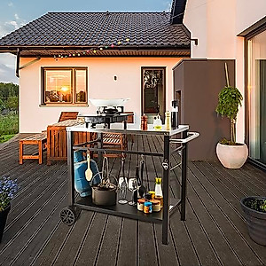 VEVOR Outdoor Grill Dining Cart with Double-Shelf, BBQ Movable Food Prep Table, Multifunctional Stainless Steel Table Top, Portable Modular Carts for Pizza Oven, Worktable with 2 Wheels, Carry Handle