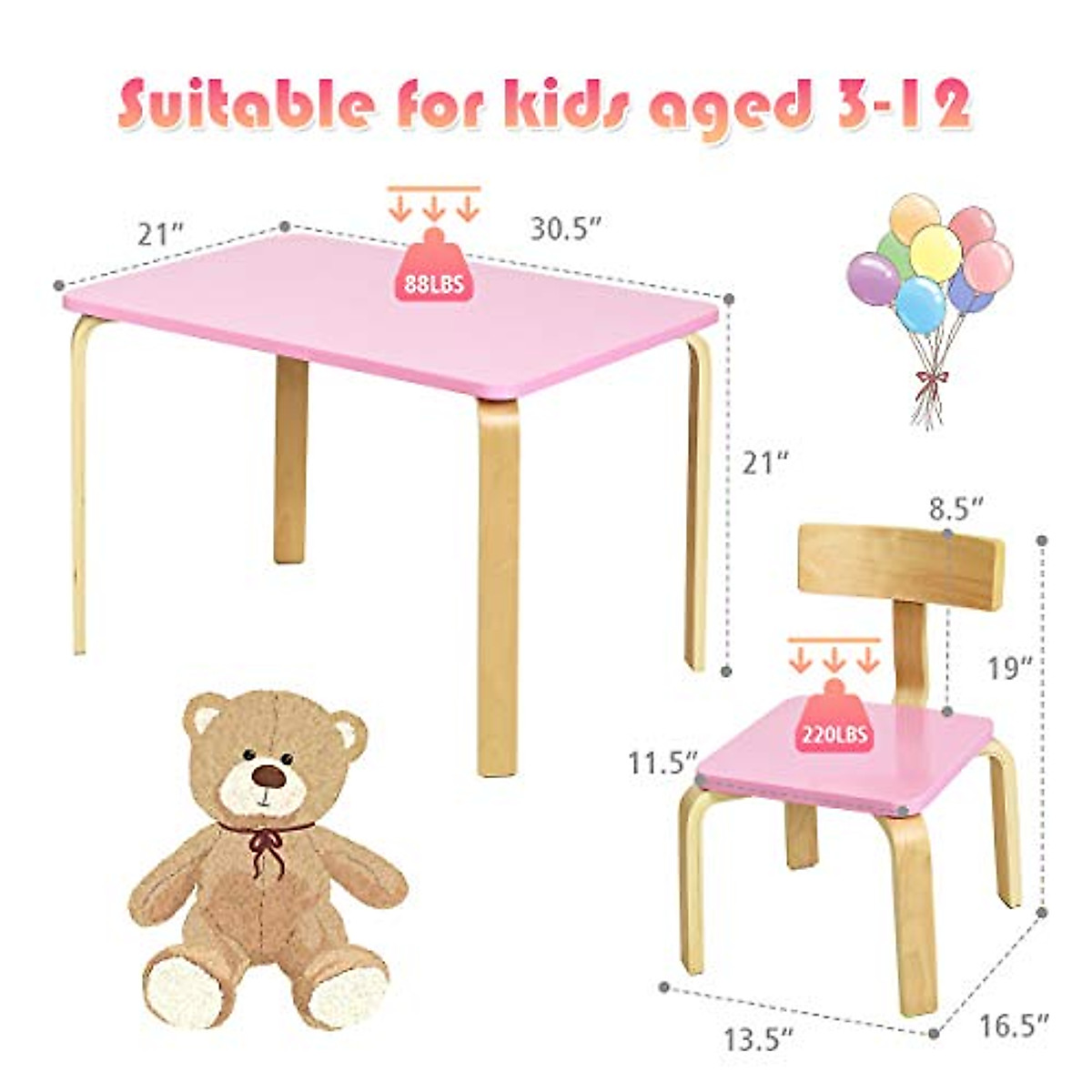 Costzon Kids Table and Chair Set, Wood Table and Chairs for Toddlers Reading, Arts, Crafts, Homework, Snack Time, 3 Piece Furniture for Playroom Home School Classroom, Childrens Table and Chair, Pink