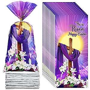 100 Pcs Easter Cellophane Bags He is Risen Spring Easter Gift Treat Bag Goodie Candy Bags with Ties Easter Cross Religious Decorations Birthday Party Decorations Supplies