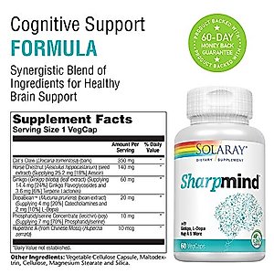 SOLARAY SharpMind, Cognitive Support Formula | with Ginkgo Leaf, L-Dopa, Huperzine A & More for Healthy Brain, Mood & Memory Support | 60 VegCaps