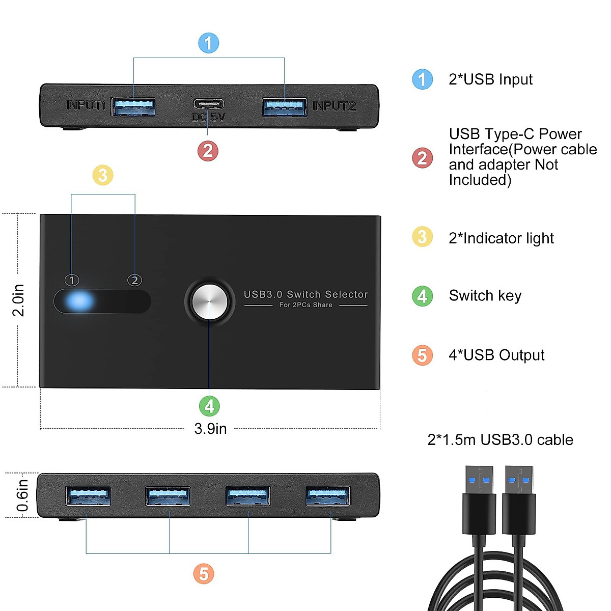 USB 3.0 KVM Switch Selector 2 Computers Sharing 4 USB Devices 4 Port USB Peripheral Switcher Box 2 in 4 Out with One-Button Swapping 2 Pack USB 3.0 Cable for Mouse, Keyboard, Scanner,Printer,Computer