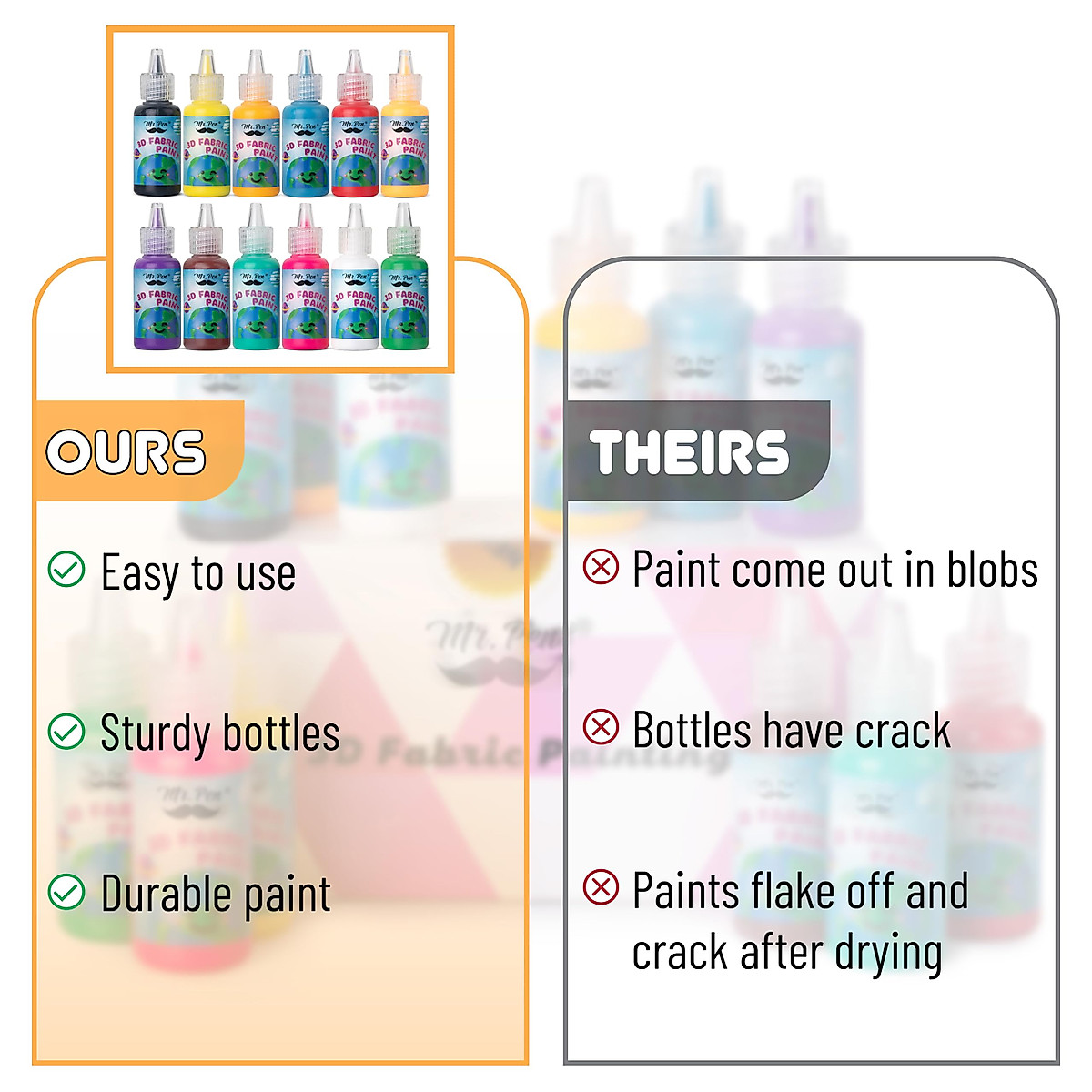 Mr. Pen- 3D Fabric Paint Set, 12 Colors, 0.67 oz, Puffy Paint for Fabric, 3D Paint, Puff Paint for Clothing, T-Shirt Paint, Puffy Paint for Crafts, Puffy Fabric Paint, Fabric Paint for Clothes