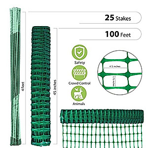 Safety Fence + 25 Steel Plant Stakes, Extra Strength Mesh Snow Fencing, Temporary Green Plastic Garden Netting 4x100 Feet Fence & 25, 4 Foot Stakes, Above Ground Barrier for Construction Dogs Plants