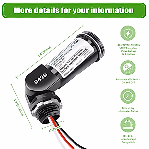 2-Pack, Dusk to Dawn/Day Night Sensor, Photoelectric Switch, Photo Cell Sensor, 110V/120V/220V/240V Input, UL Listed, IP65 Water-Resistant, Photocell for Outdoor Light