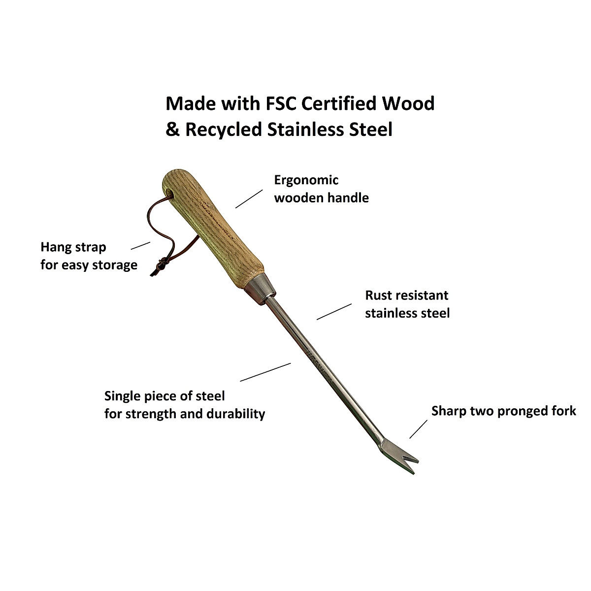 Garden Guru Eco Dandelion Weeder Tool with Ergonomic Wood Handle - 100% Recycled Stainless Steel - Rust Resistant - FSC Certified Wood - Weed Puller for Planting, Weeding, Flower & Vegetable Care
