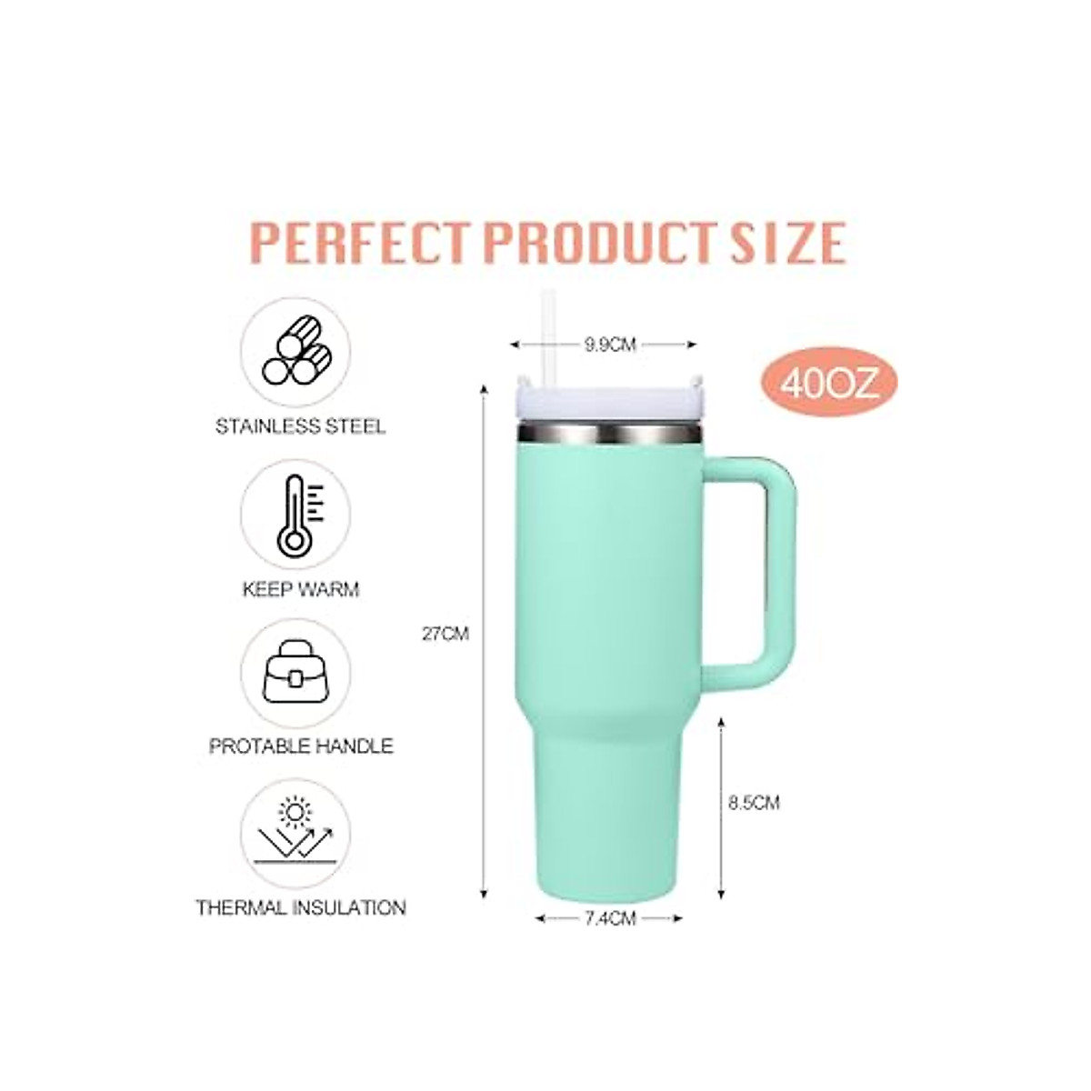 40 OZ INSULATED QUENCHER TUMBLER WITH HANDLE AND STRAW, DOUBLE WALL STAINLESS STEEL WITH 3-IN-1 LID, 100% LEAK-PROOF THERMOS, WATER BOTTLE, TRAVEL COFFEE MUG FOR CAR CUP HOLDER (OCEAN MINT)