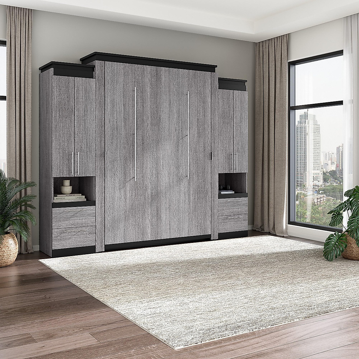Bestar Orion Queen Murphy Bed with Storage Cabinets and Pull-Out Shelf (106W) in Bark Grey and Graphite, Sleeping Arrangement with Shelves