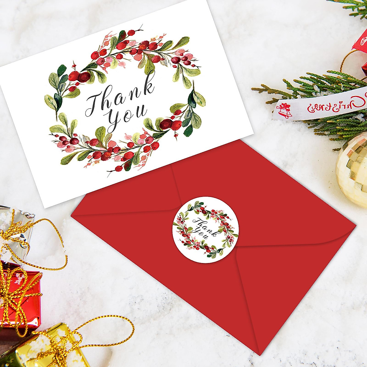 AnyDesign 30 Pack Christmas Thank You Cards Bulk Watercolor Floral Garland Greeting Cards with Envelope Sticker Flower Blank Note Cards