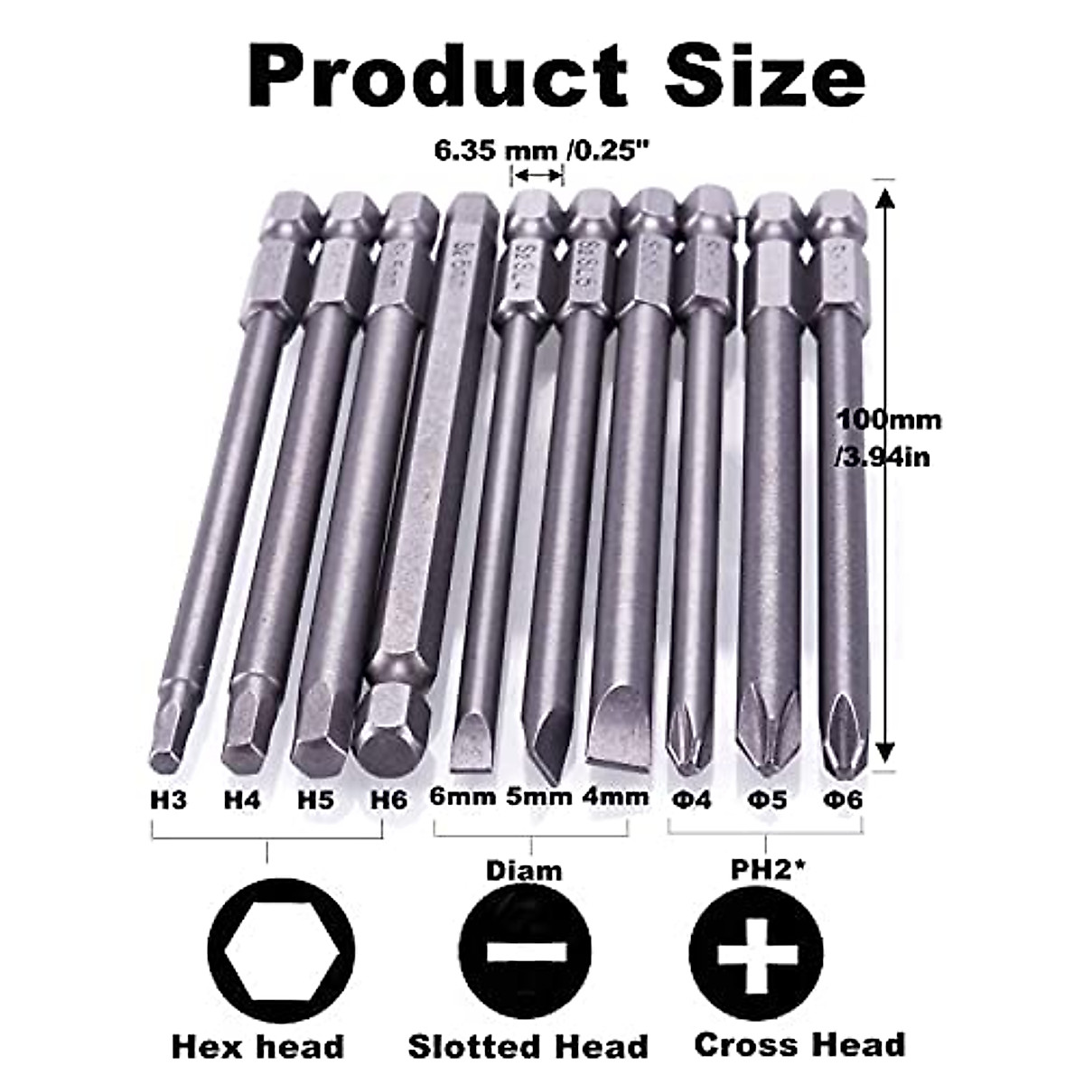 Rocaris 10pcs 1/4 Inch Hex Shank Long Magnetic Screwdriver Bits Set 100mm Power Tools (Slotted+Cross+Hex head)