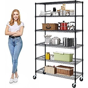 YRLLENSDAN 6 Tier Wire Shelving Unit 6000lbs Capacity Metal Storage Shelves with Wheels Height Adjustable Heavy Duty Steel Shelf for Kitchen Garage,48" W x 18" D x 72" H, Black