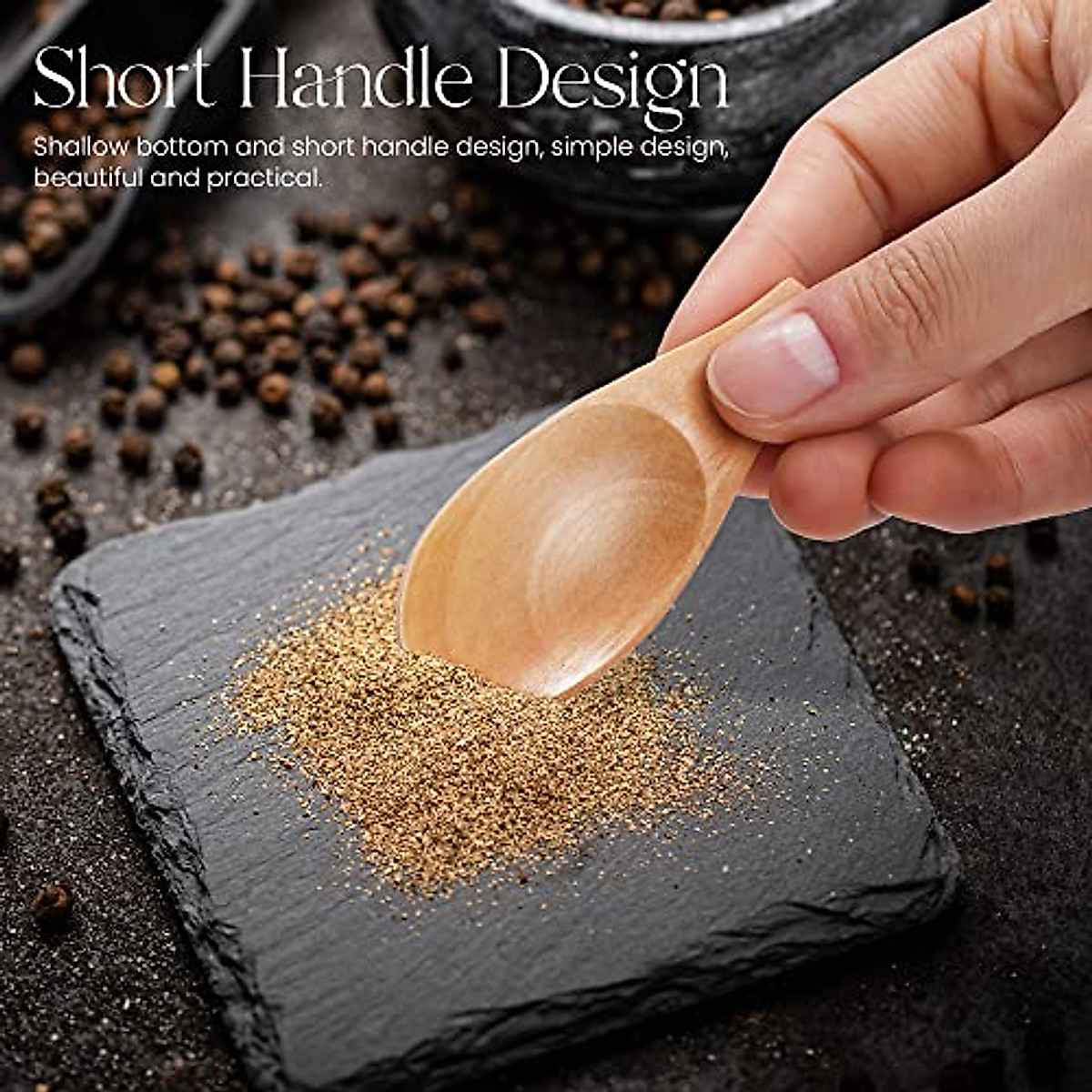 NUOMI 4 Pack Wooden Scooper Solid Wood Spoon Mini Salt Scoop with Short Handle for Loose Tea Leaves, Coffee Beans, Candy, Milk Powder, Spice, Natural Color