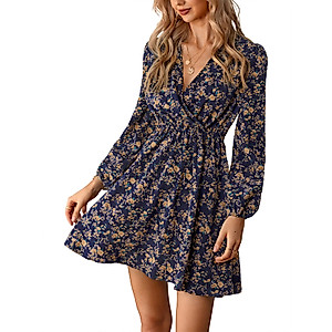 CUPSHE Women's V Neck Ditsy Floral Mini Dress Long Sleeve A Line Dress Surplice Short Dress Multicoloured