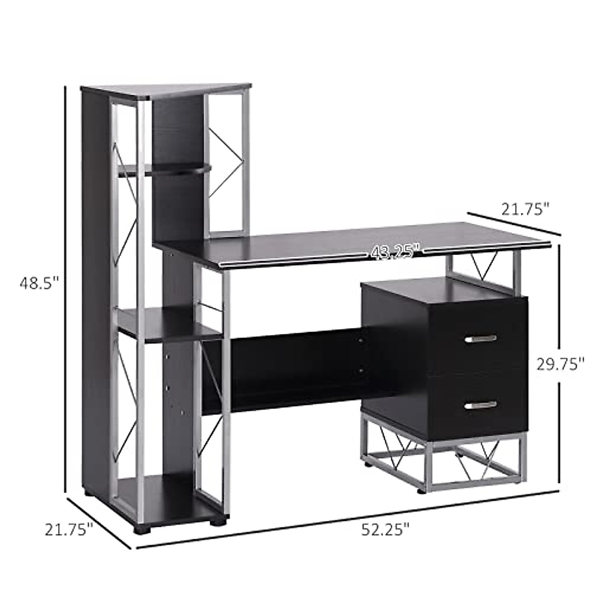 HOMCOM 52" Modern Computer Desk with Storage Shelves and Drawers, Home Office Desk, Study Workstation with CPU Stand, Black