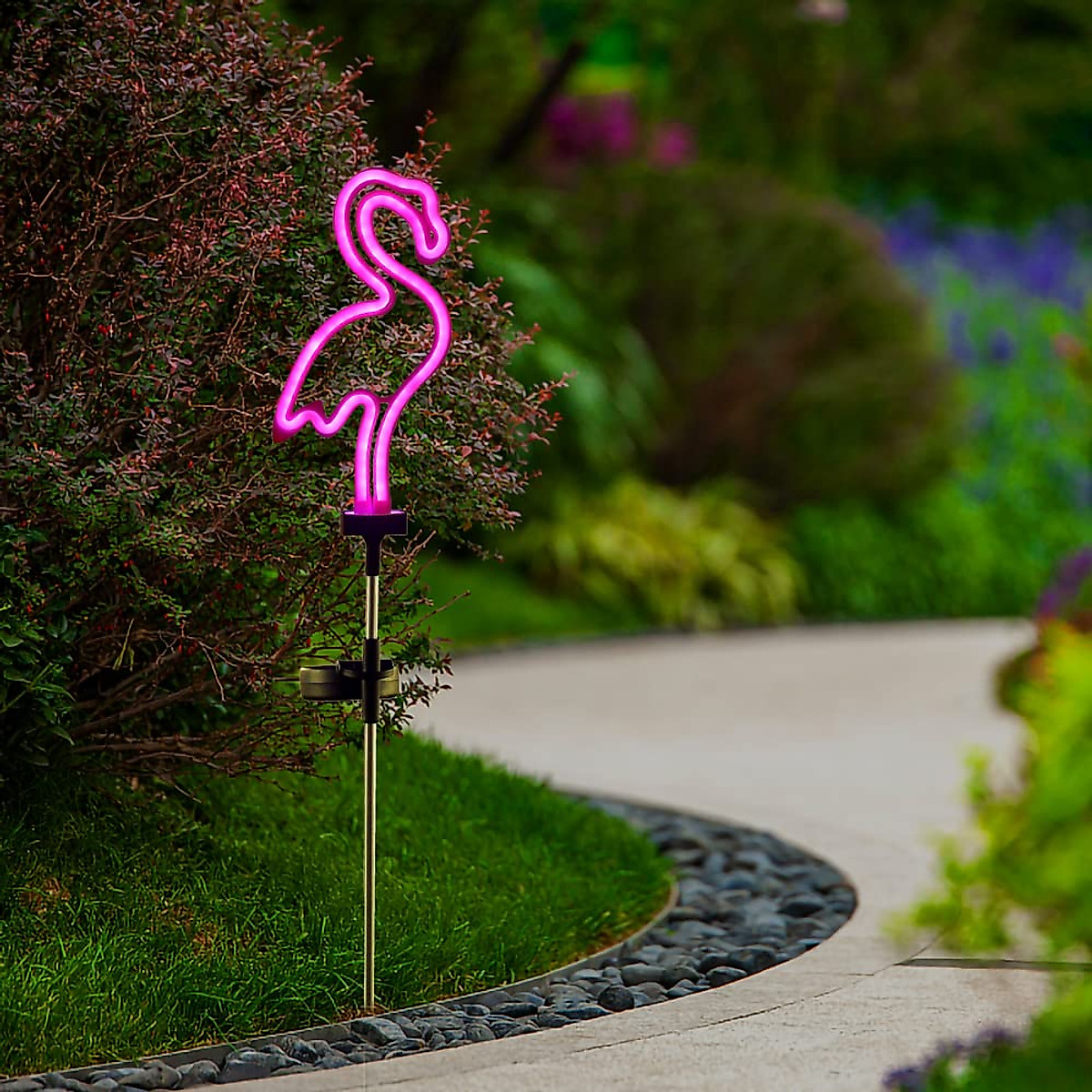 Pink Flamingo Solar Garden Stake Lights, [Set of 2] Outdoor Solar Pathway Light for Lawn Patio Yard Walkway, Neon Pink Lighting (30" Height)