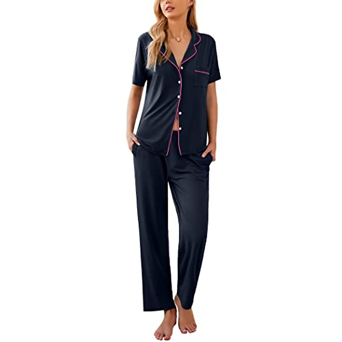 Ekouaer Womens 2-Piece Casual Button Down Nightwear Short Sleeve Pajama Set, Deep navy blue, Medium