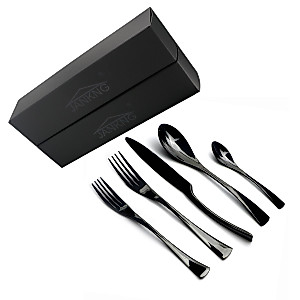 JANKNG 20-Piece 18/10 Stainless Steel Flatware Set Mirror Polishing Black, Serive for 4