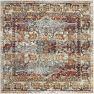 Unique Loom Isabella Collection Distressed Botanical Ivory/Multi Square Rug (5' 0 x 5' 0)