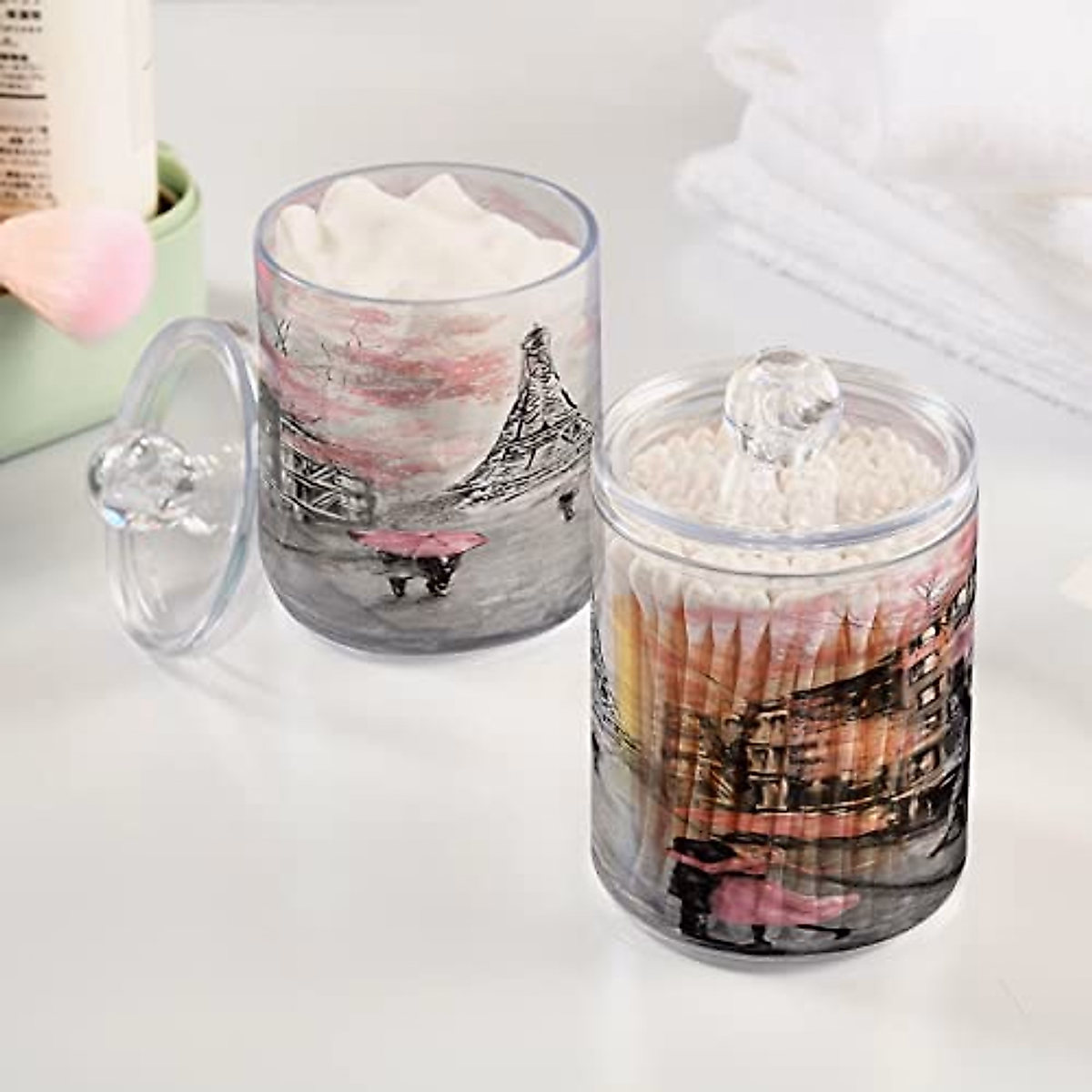 ALAZA Paris Eiffel Tower Artwork 2 Pack Qtip Holder Dispenser with Lid 14 Oz Clear Plastic Apothecary Jar Containers Jars Bathroom for Cotton Swab, Ball, Pads, Floss, Vanity Makeup Organizer