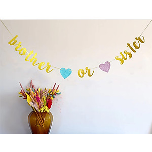 Swdthnh Gender Reveal Party Decorations - Glitter Letters Brother or Sister with Hearts Banner for Baby Shower Party Decorations, Gold