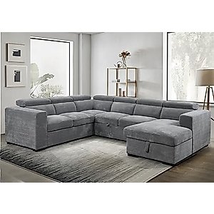 THSUPER Corduroy 123" Oversized U Shape Sectional Sleeper Sofa with Pull Out Bed, 7-Seats Sleeper Sectional Sofa with Storage Chaise and Adjustable Headrest for Living Room - Dark Grey