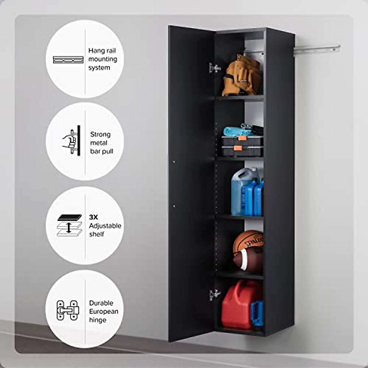 Prepac HangUps 15 in Narrow Garage Storage Cabinet, W x 72" H x 16" D, Black