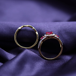 GEMVIO Collection Three Stone Ring, Round Cut Lab Created Ruby Gemstone & Natural Diamond Halo Bridal Set Engagement Ring In 14K Yellow Gold Over Sterling Silver Wedding Band Ring-8