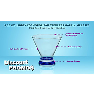 Libbey Martini Glasses 8.25 oz. Set of 10, Bulk Pack - Great for Cocktails, Wedding Favors, Party Favors, Events - Blue