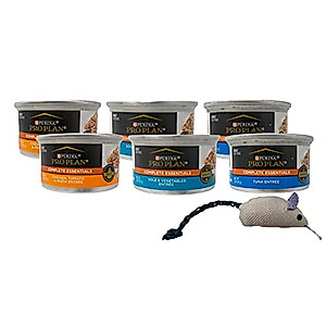 Purina Pro Plan Cat Food Canned Wet Entree 3 Flavor 6 Can Sampler Bundle, (2) Each: Chicken Tomato Pasta Gravy, Sole Vegetable, and Tuna Entree Sauce (3 Ounces) Plus Catnip Mouse