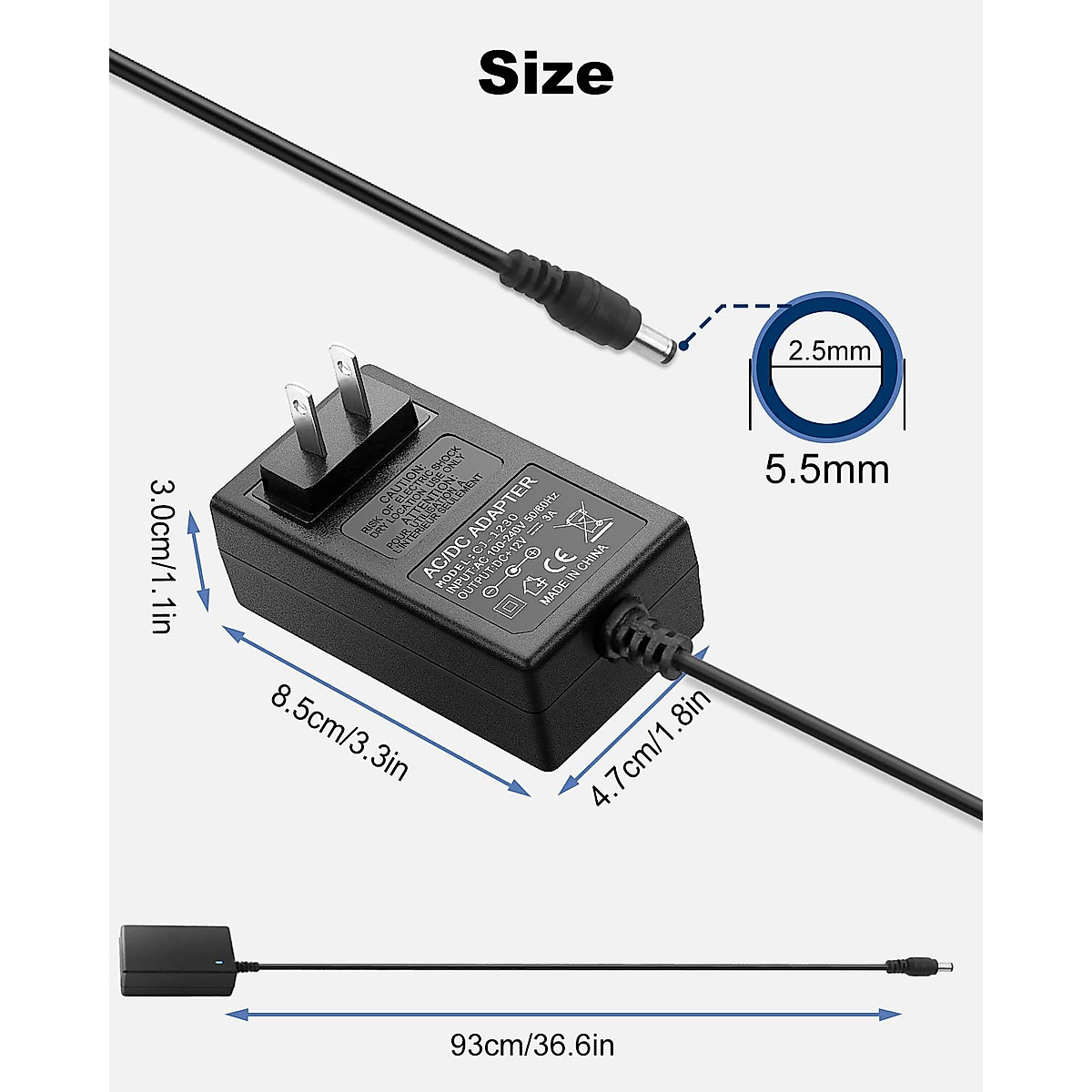 DC 12 Volt 3 Amp Power Supply 36W AC Adapter 100-240V 50-60Hz AC to DC 12V Power Cord with 5.5mmx2.5mm DC Barrel & 10 Tips for LED Strip Light CCTV Camera Routers [DC 12V 3A]