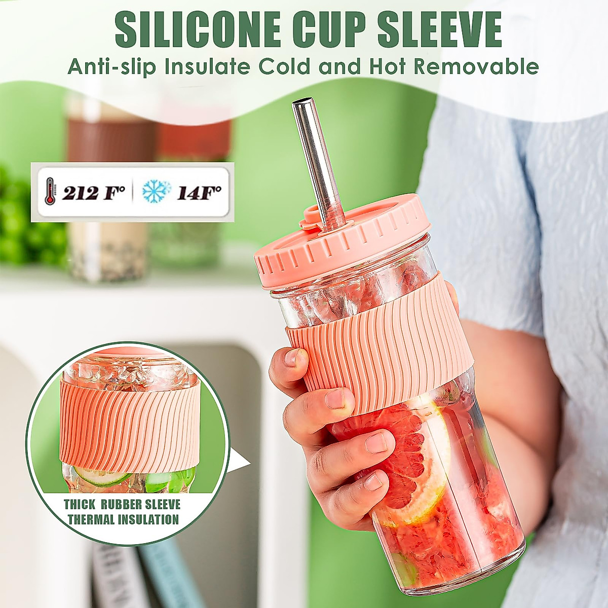 Claplante 6 Pack Glass Tumbler Set, 24oz Bubble Tea Cups with Lid, Silicone Sleeve & Wide Straws, Reusable Leakproof Mason Jar Drinking Glasses for Smoothie, Iced Coffee