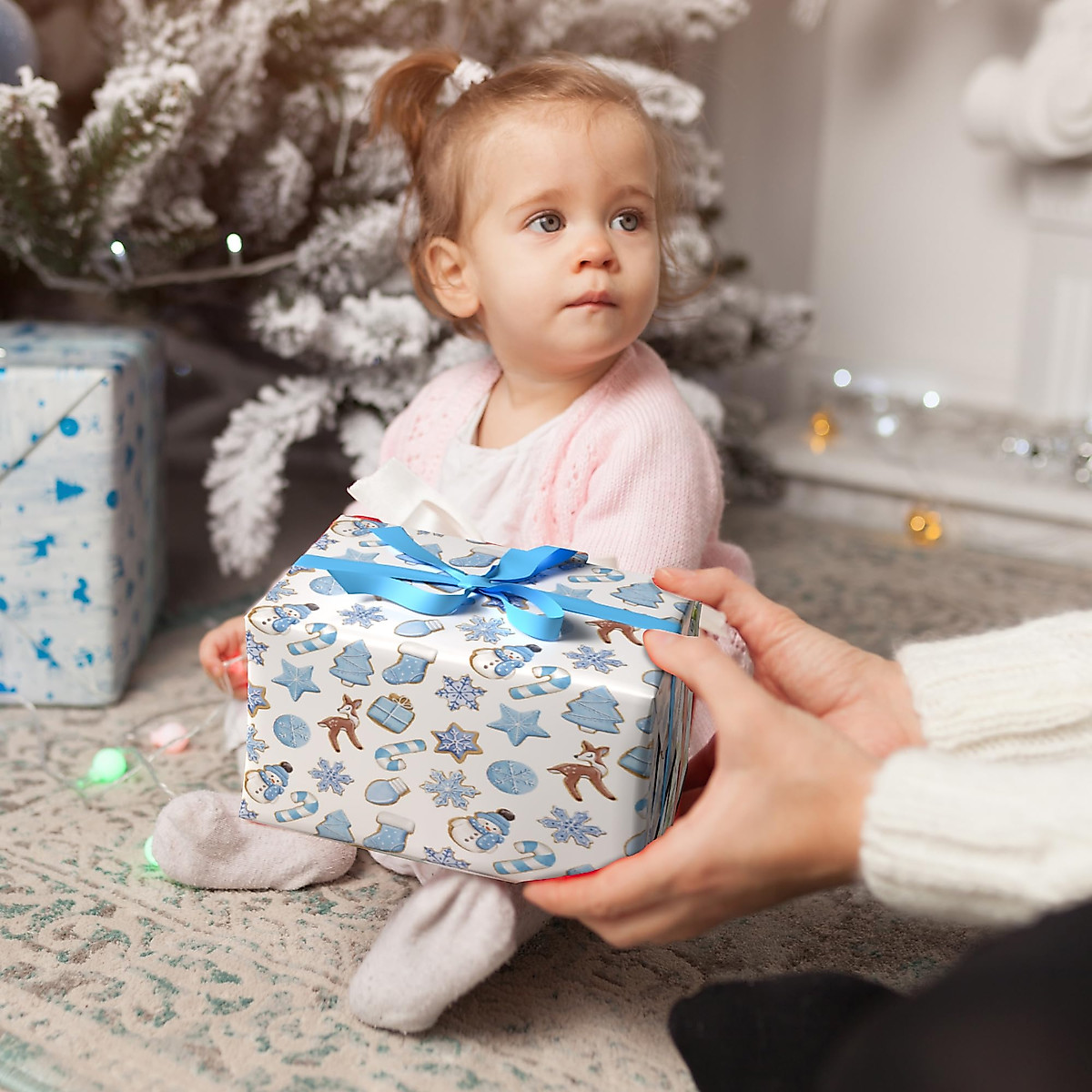 RiukRaiu Blue Christmas Wrapping Paper for Kids Adults - Winter Forest & Reindeer, Polar Bears, Country Houses, Holiday Cookies Designs - Xmas Gift Wrap with 6 Jumbo Sheets, 40 x 28 Inches Each