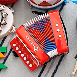 Schoenhut Red Accordion - 7 Treble Keys and 3 Air Valves Keyboard Accordion with Accordion - Easy to Play and Learn Kids' Musical Instruments - Accordion for Beginners