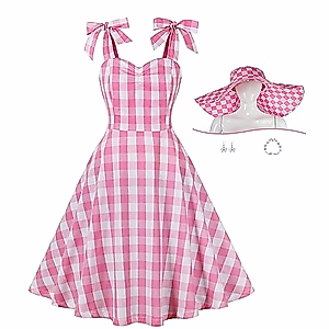 1950s Pink Plaid Dress for Women bar-bie Gingham Vintage Dress 50s Pink Up Dresses (Pink-1, X-Large)