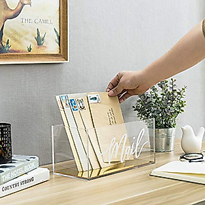 MyGift Clear Acrylic Tabletop Mail Organizer Box with Letter Word Script Design and Gold Mirror Base