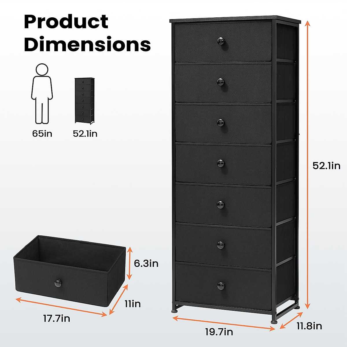 Products Tall Dresser, 7-Drawer Fabirc Storage Tower, Chests of Drawers - Vertical Organizer Unit for Bedroom, Hallway, Nursery, Closets - Steel Frame, Wood Top & Handles, Black