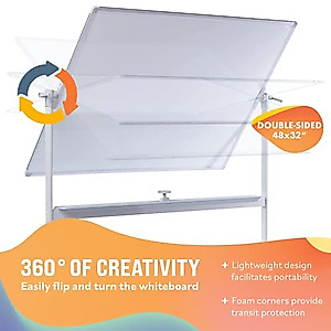 Creative Space White Board Dry Erase 48”x32” Magnetic Whiteboard with Stand Easel-Style Giant Rolling Board on Wheels for Homeschool Large Double Side Portable Teacher Supplies