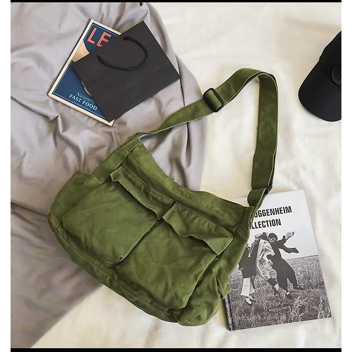 Women Canvas Hobo Messenger Handbags Large Crossbody Aesthetic Commuter Tote Bag with Multiple Pockets Adjustable Strap