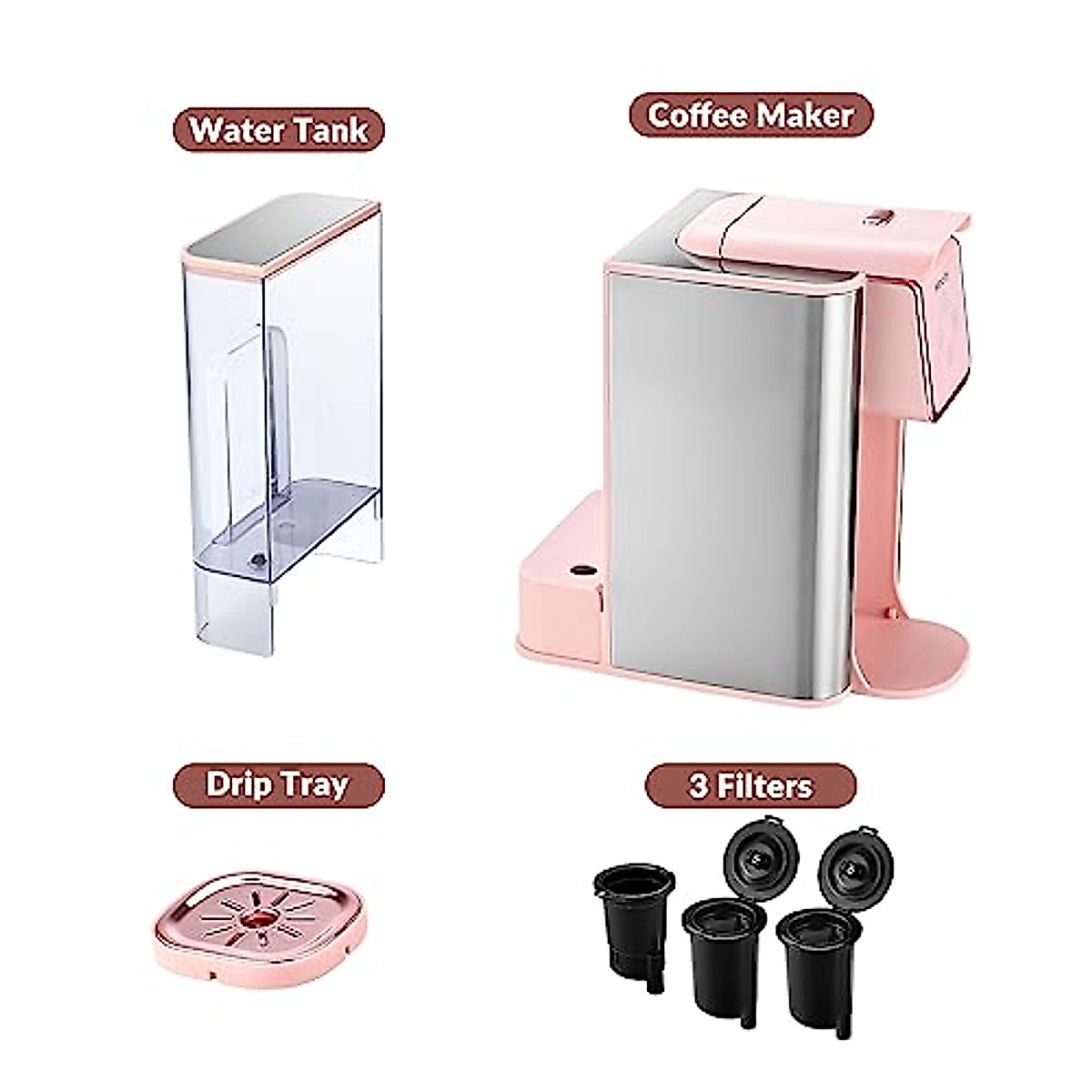 Mecity Pink Coffee Maker 3-in-1 Single Serve Coffee Machine, For K-Cup Coffee Capsule, Ground Coffee, Loose Tea, 6 to 10 Ounce Cup, Removable 50 Oz Water Reservoir, 120V 1150W