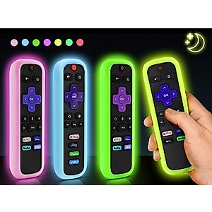 （4 Pack） ONEBOM Cover for Roku Remote, Cover for Hisense/TCL Roku TV Steaming Stick/Express Universal Replacement Controller Silicone Sleeve Skin Glow in The Dark （Green Pink Blue Yellow）