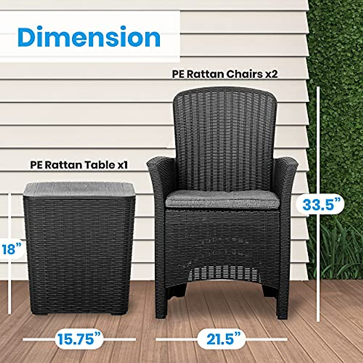 SereneLife 3 Pieces Outdoor Wicker Patio Furniture Modern Rattan Chair Conversation Sets with Coffee Table for Yard and Bistro (Off Black)