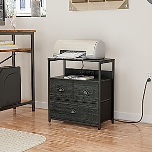 Furnulem Nightstand Set of 2, End Table with Charging Station, Industrial Bedside Tables with USB Ports & Power Outlets, 3 Fabric Drawer Dresser with Shelf for Bedroom, Living Room, Black Oak