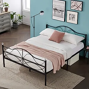 VECELO Full Size Bed Frame Metal Mattress Foundation,Platform Bed with Box Spring Replacement Headboard, Deluxe Crystal Ball Stylish,Matte Black