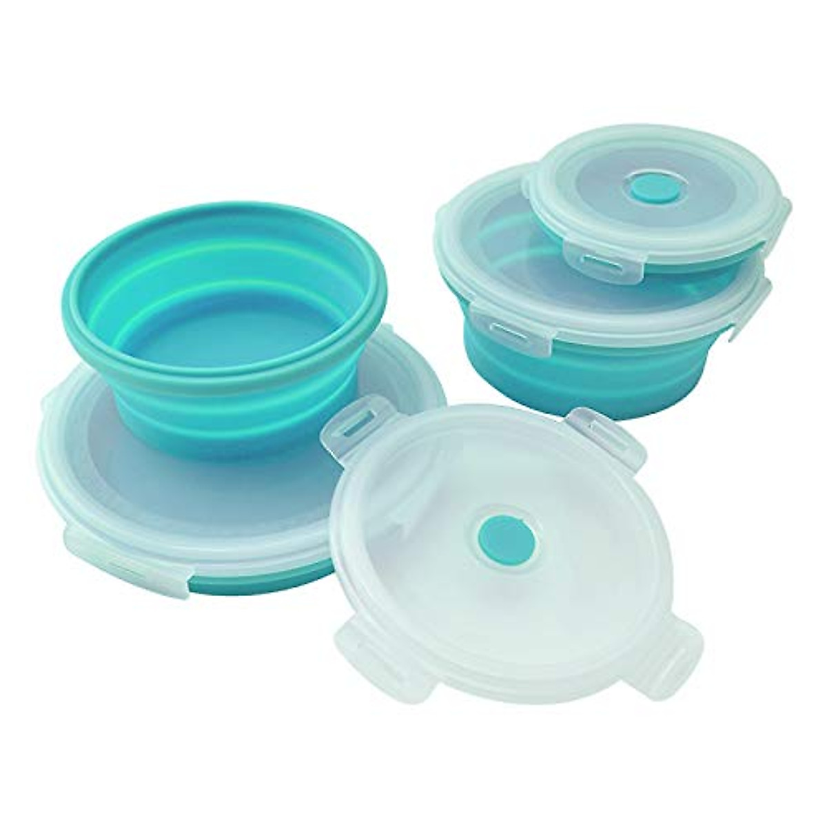 ULEE Silicone Collapsible Food Storage Containers,Set of 4 Round Folding Silicone Lunch Box,Microwave and Freezer Safe (Blue, Round)