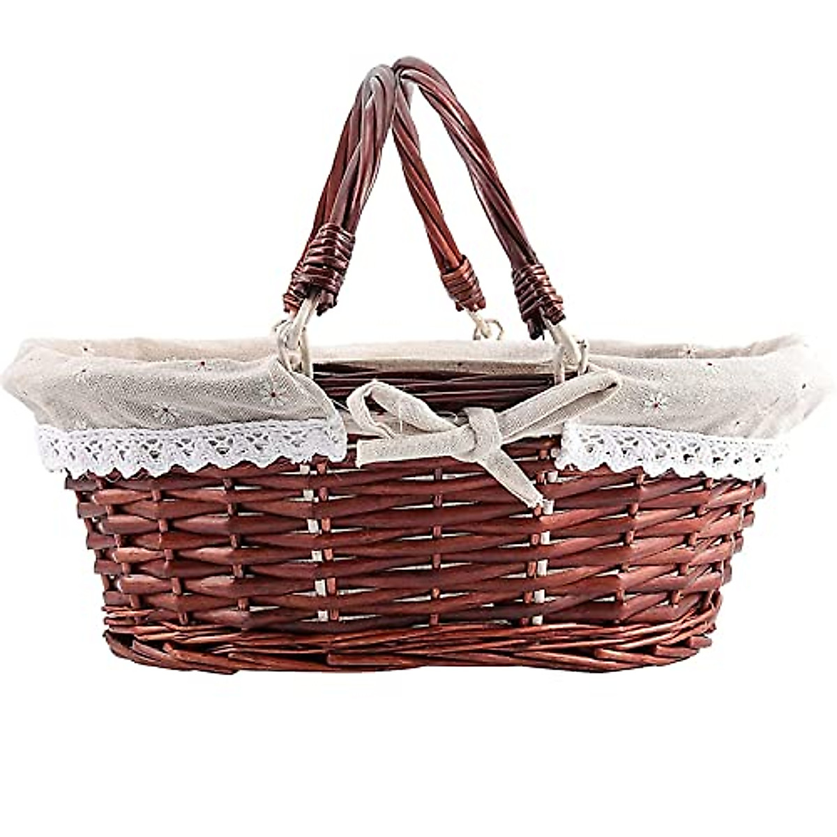 ZEONHEI 2 PCS Wicker Gift Picnic Basket, Brown Willow Woven Basket, Fruit Easter Candy Wedding Party Decoration Serving Basket with Folding Handles and Linen Cloth Lining