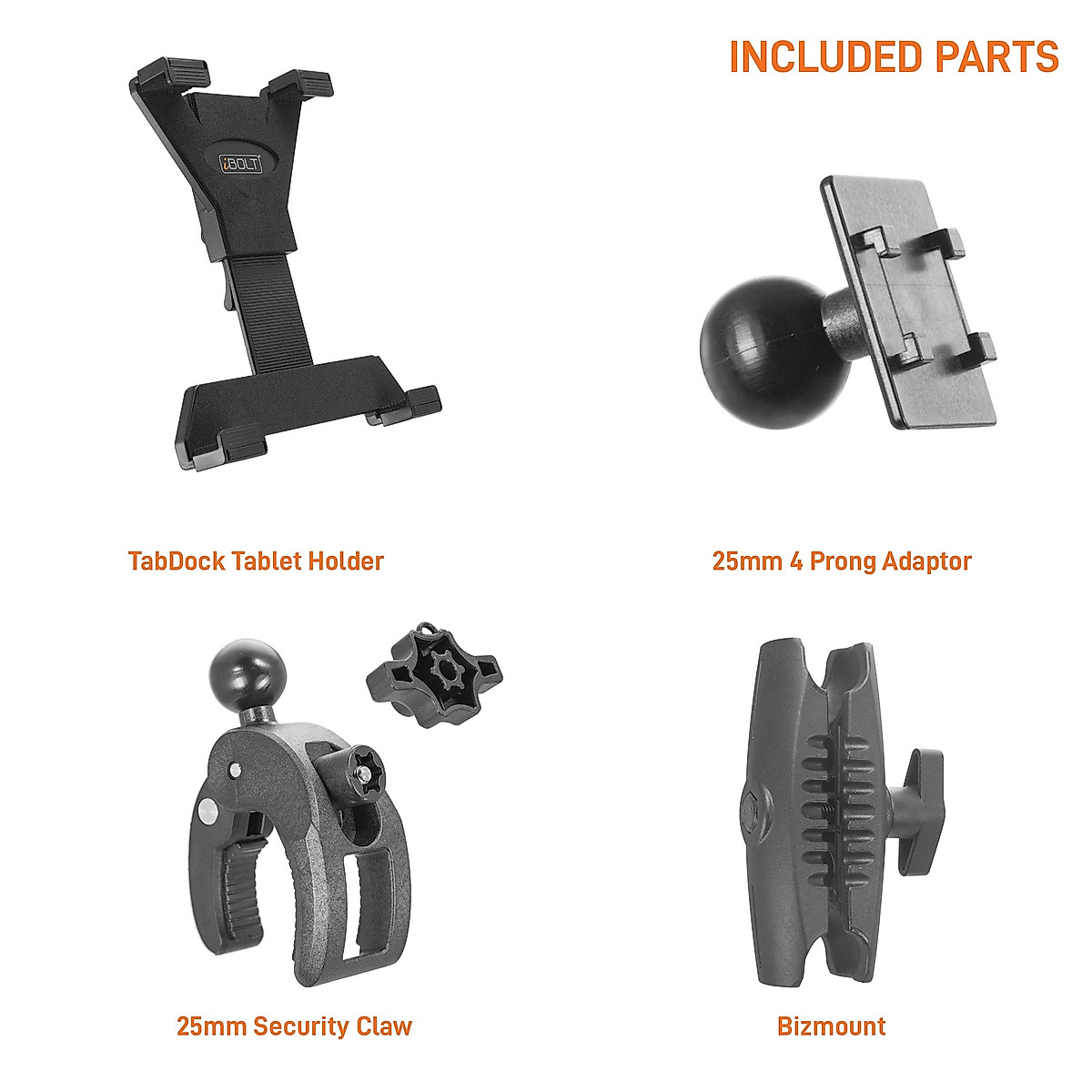 iBOLT TabDock Bizmount Clamp Heavy Duty Post/Pole Mount for Stationary Bikes, Gym Equipment, Treadmills, Ellipticals, Carts, Wheelchairs, Hospital Patient Care Etc. for All 7-10 inch Tablets