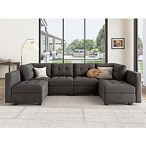 HONBAY Modular Sectional Sofa Velvet U Shaped Couch with Double Chaises 6 Seater Sectional Sofa with Storage, Grey