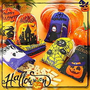 24 Pieces Halloween Drawstring Gift Bags 4 x 6 Inches Goodie Bags Halloween Party Favors Bags Halloween Canvas Bags for Kids Party Supplies, 8 Styles